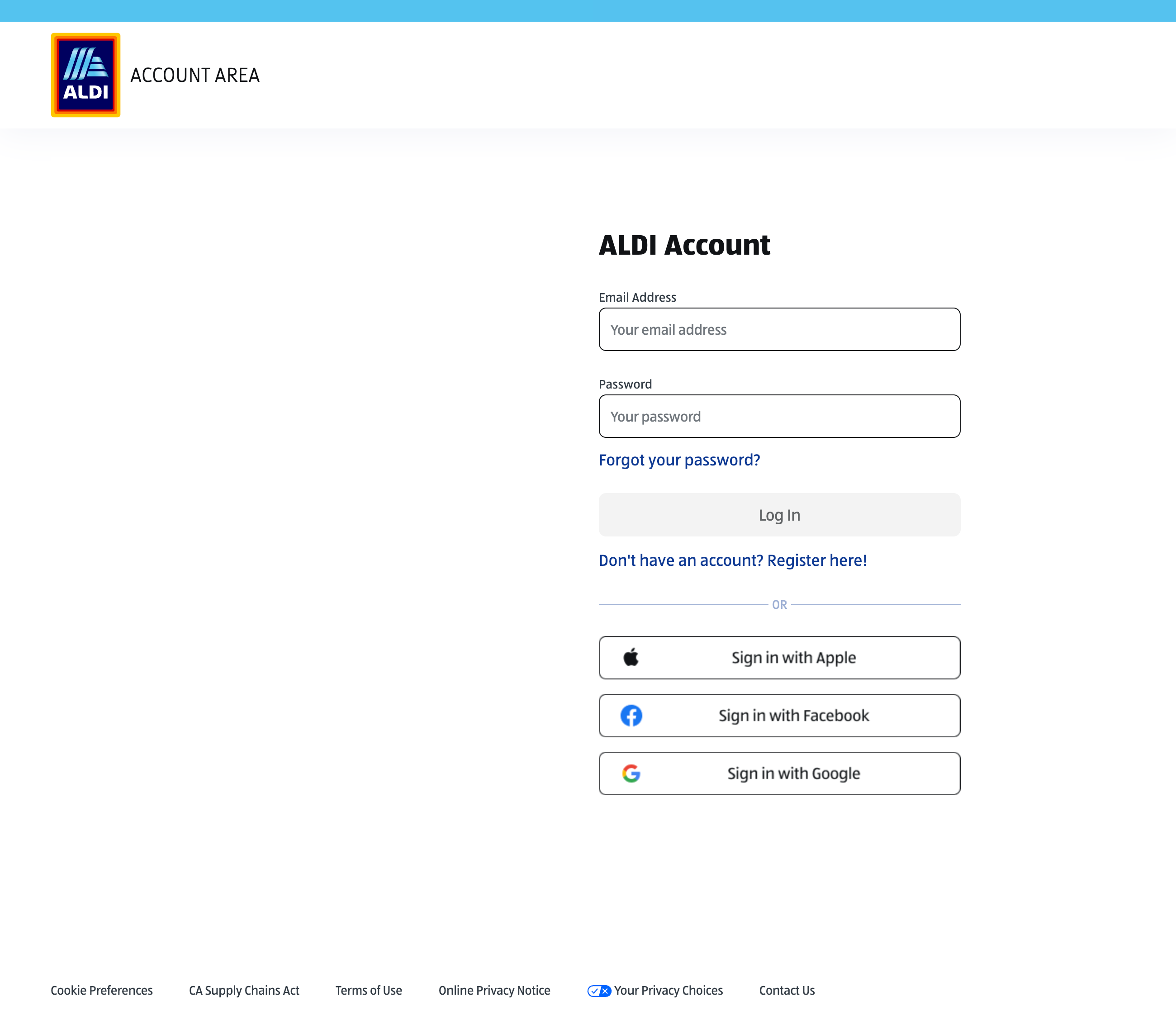 Aldi’s Account Selection – 64 of 758 Account Selection Examples – Baymard Institute